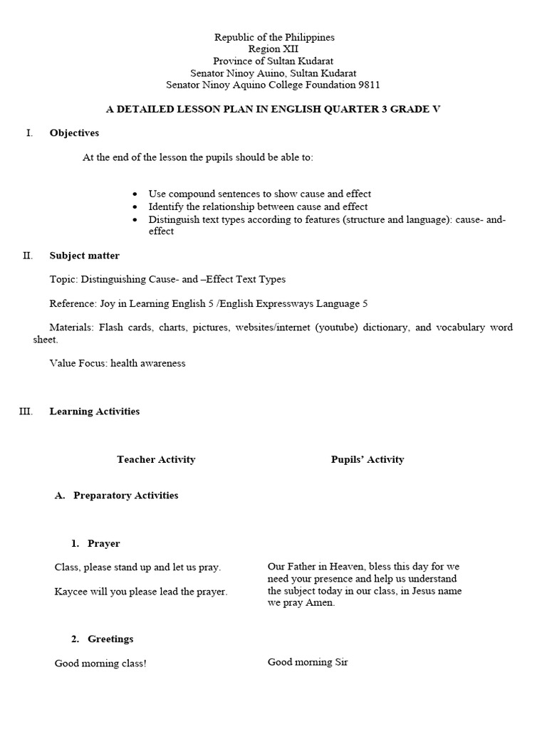 Grade 5 English Lesson Plan: Cause and Effect | PDF | English Language ...