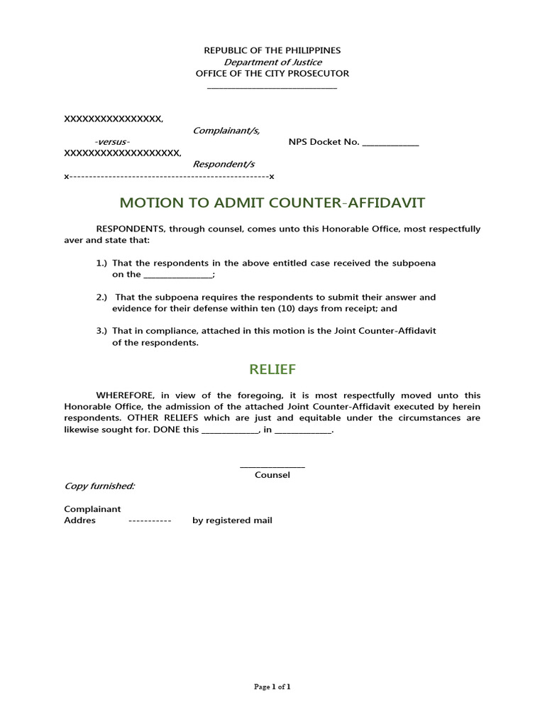 Motion to Admit Counter-Affidavit -- xxxxx | PDF