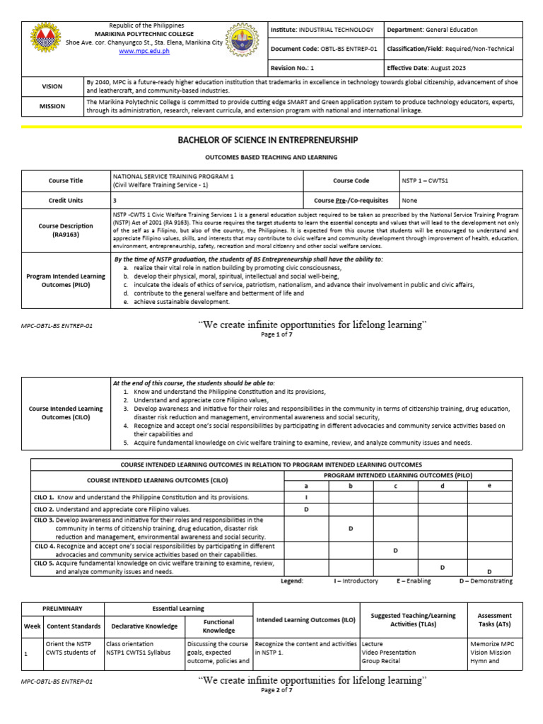 Obe Obtl - NSTP1 CWTS1 | PDF | Learning | Risk
