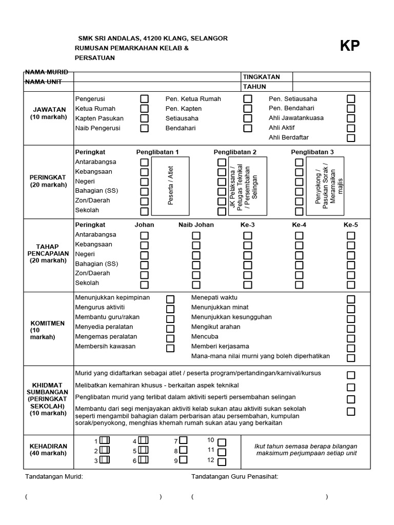 KOKO - Borang Markah Kelab Persatuan | PDF