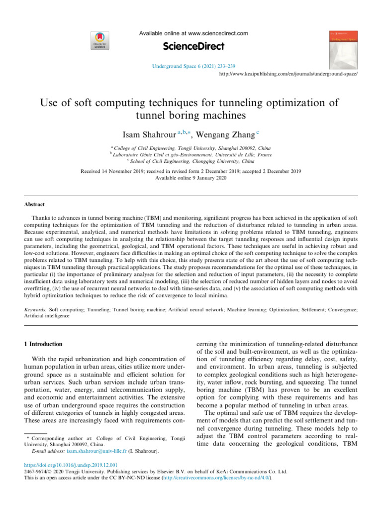 Use of Soft Computing Techniques For Tunneling Optimization 2021 Underground | PDF