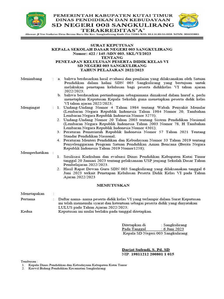 SK KELULUSAN SDN 003 SANGKULIRANG | PDF