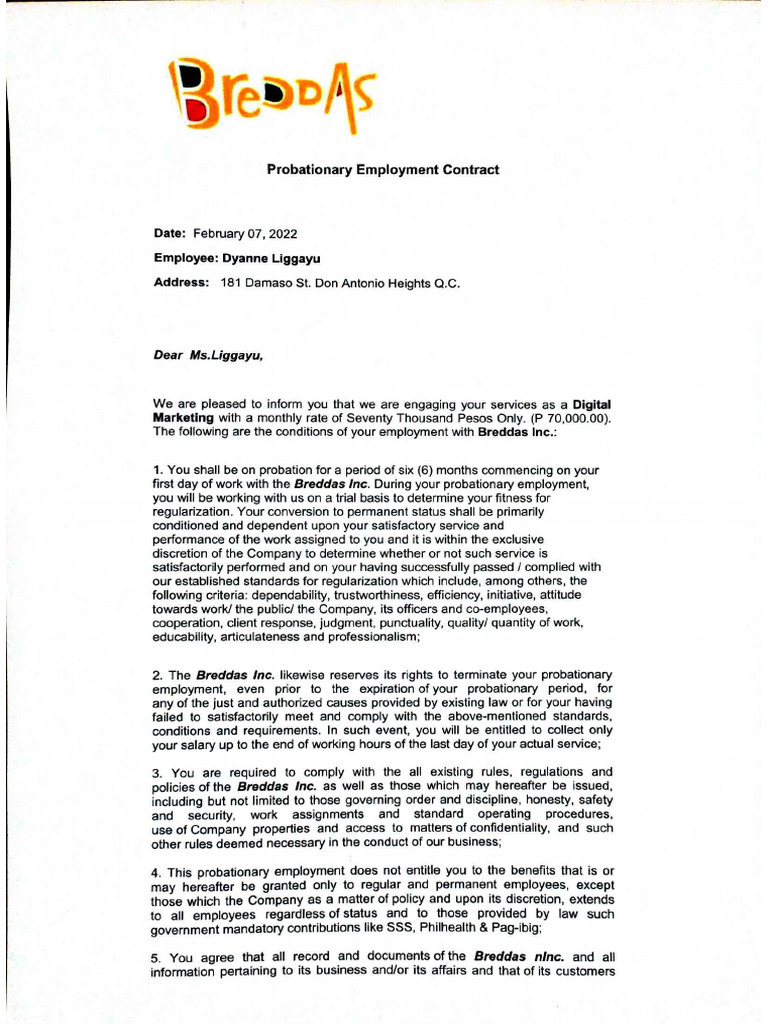 PROBATIONARY EMPLOYMENT CONTRACT | PDF