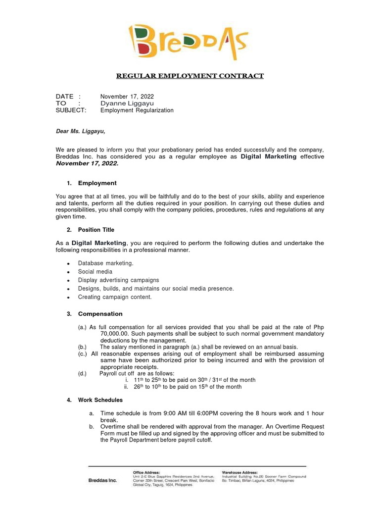 REGULAR EMPLOYMENT CONTRACT - Liggayu (SIGNED) | PDF | Employment | Payroll