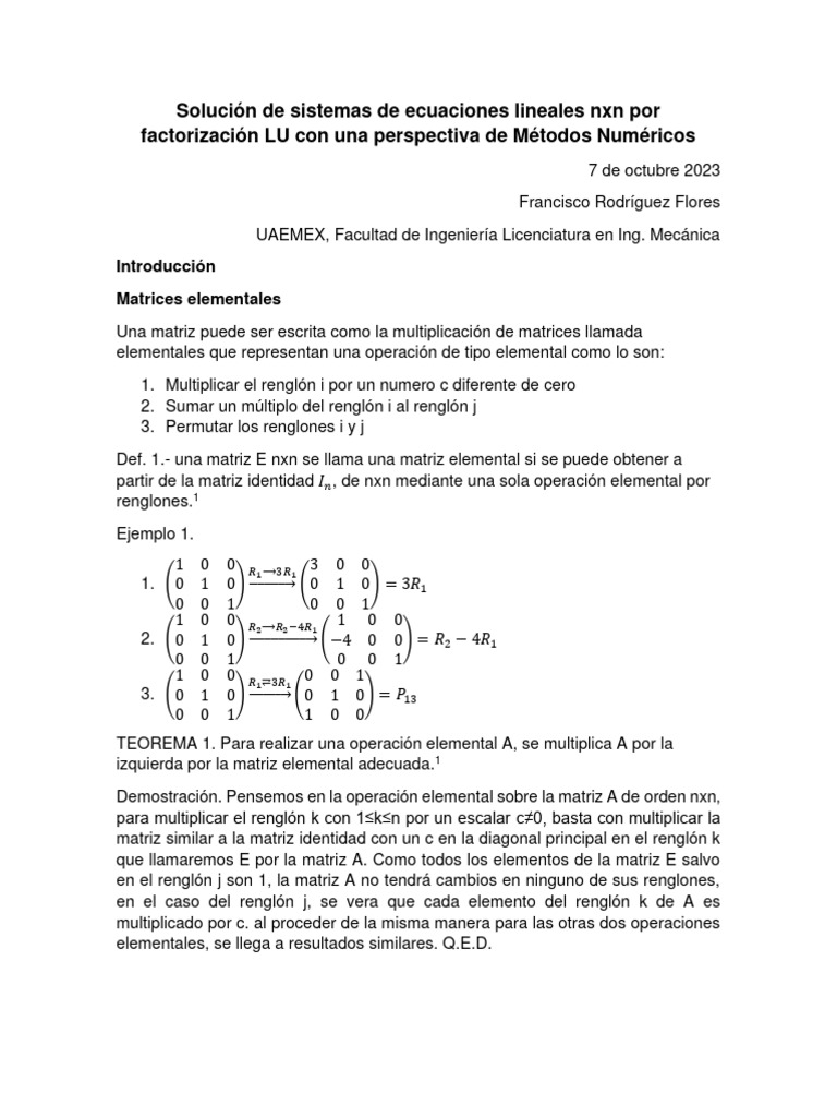 Solución de Sistemas de Ecuaciones Lineales NXN Por Factorización LU Con Una Perspectiva de ...