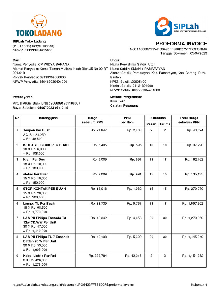 PROFORMA - INVOICE - Alat Listrik | PDF