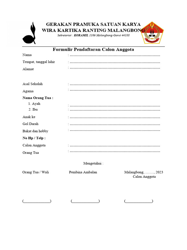 Formulir Pendaftaran Calon Anggota SWK 3 | PDF