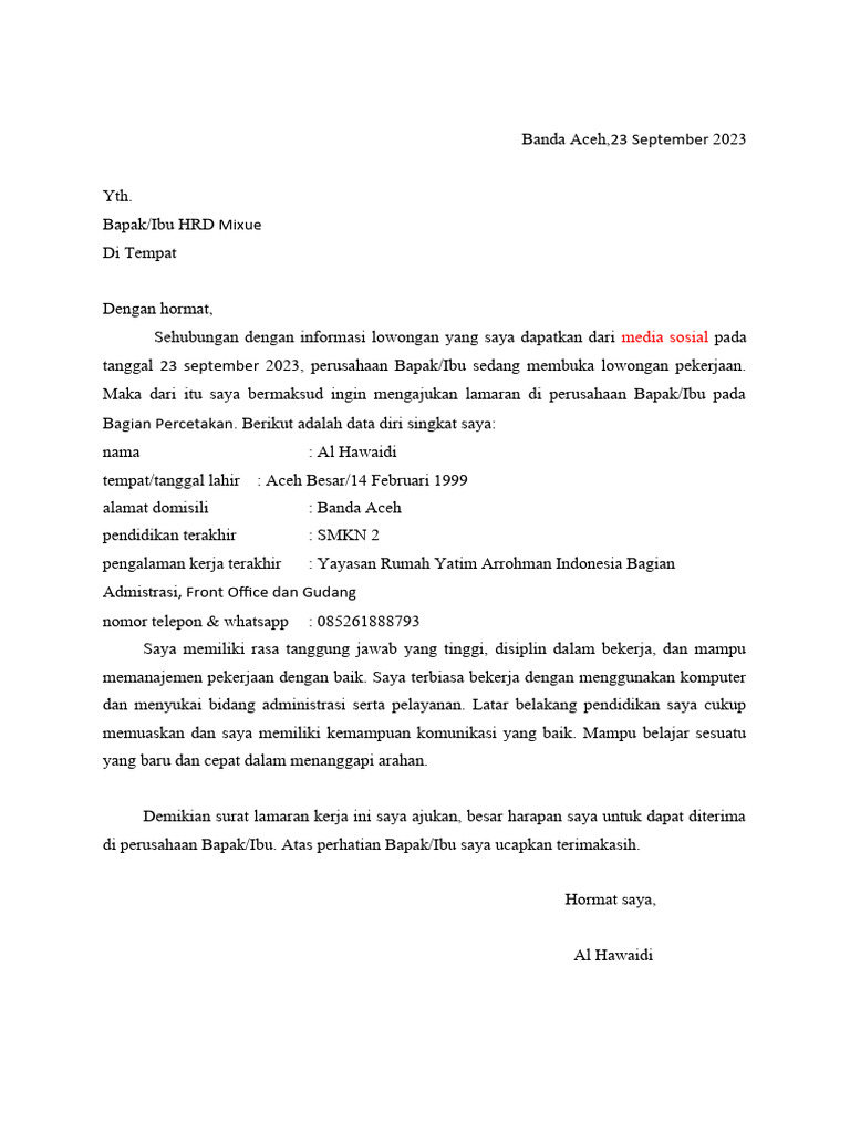 Surat Lamaran Kerja di Mixue | PDF | Karier & Perkembangan