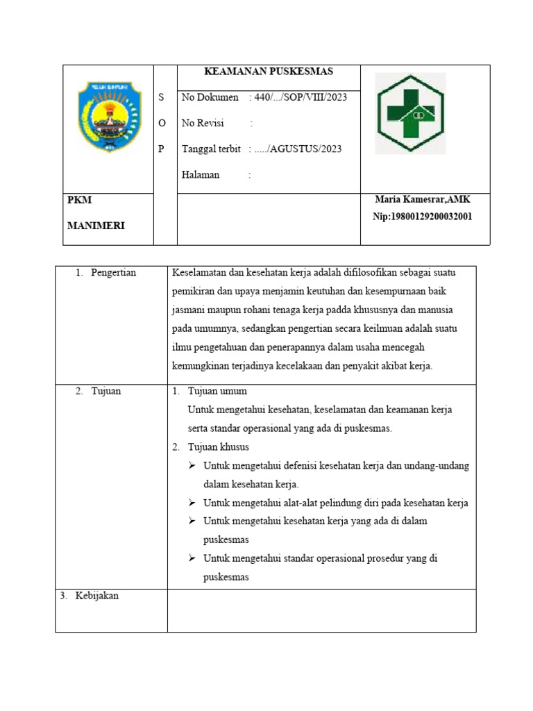 SOP MFK Keamanan Puskesmas | PDF