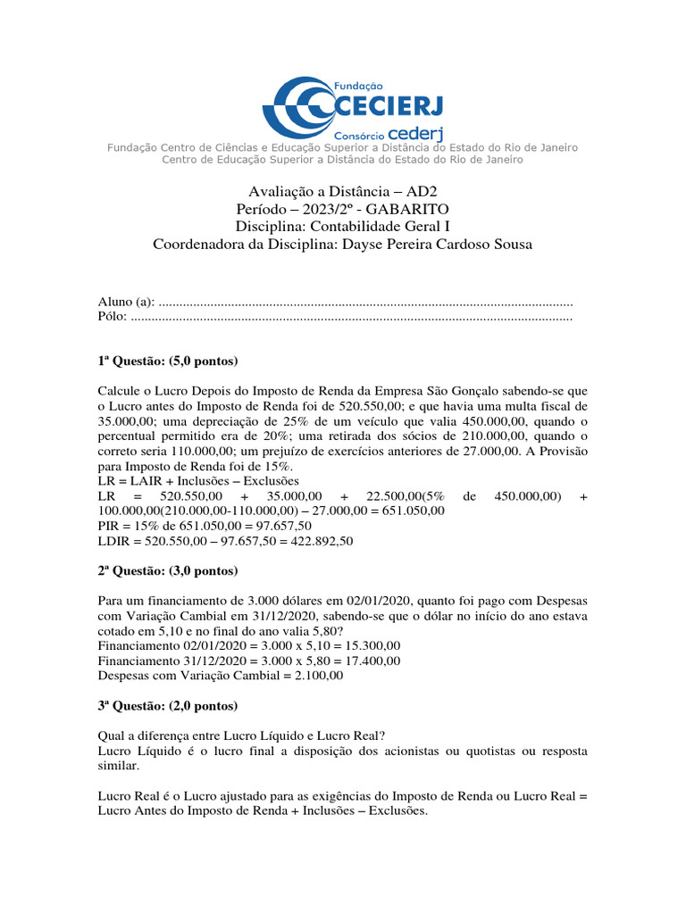 AD2 - 2023 - Gabarito | PDF