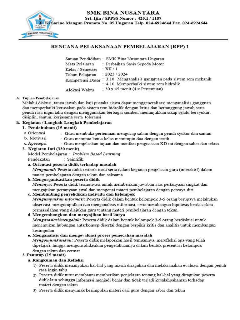 RPP - KD. 3.10 Menganalisis Gangguan Pada Sistem Rem Hidrolik - Copy (1) | PDF