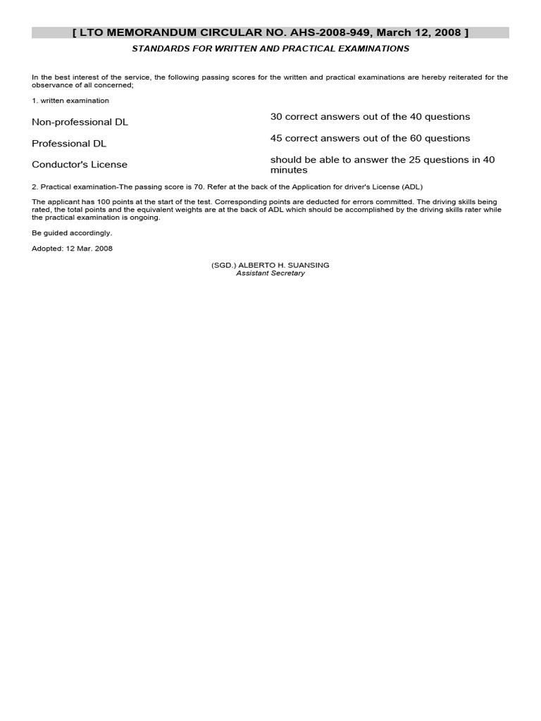LTO MEMORANDUM CIRCULAR NO. AHS-2008-949, March 12, 2008 | PDF