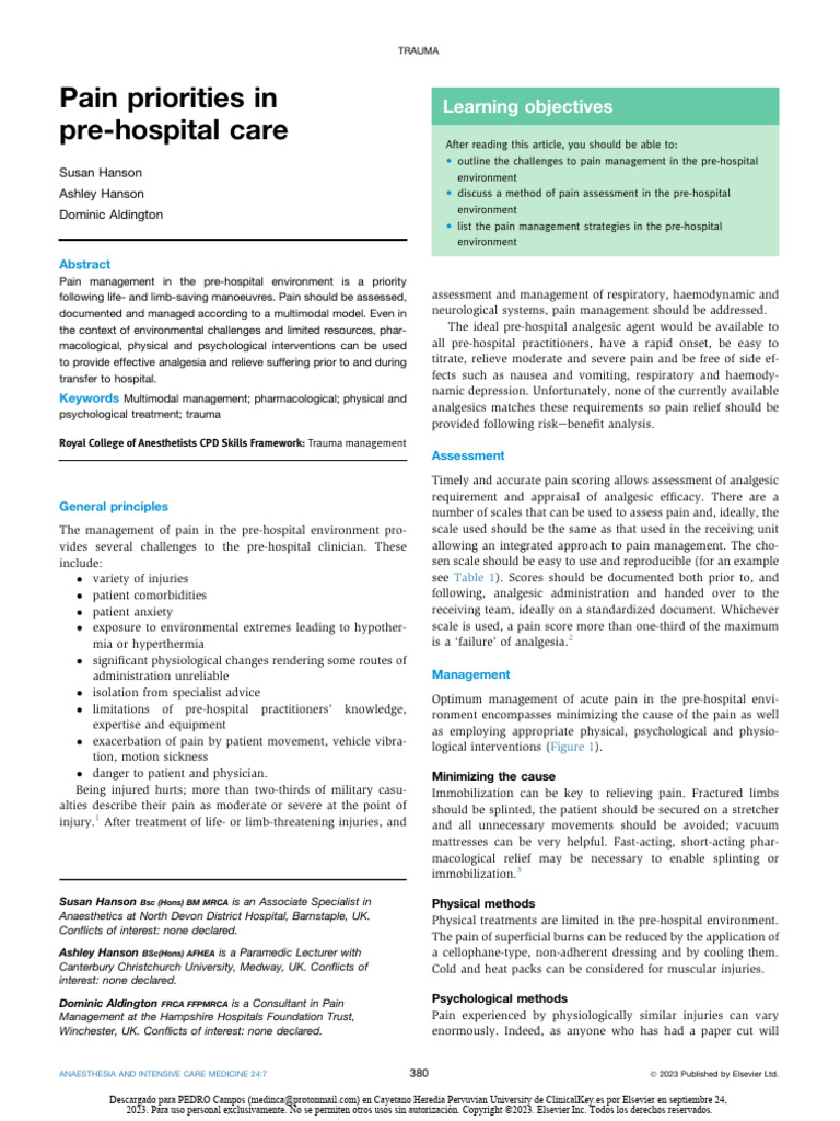 Pain Priorities in Pre-Hospital Care | PDF | Pain Management | Analgesic