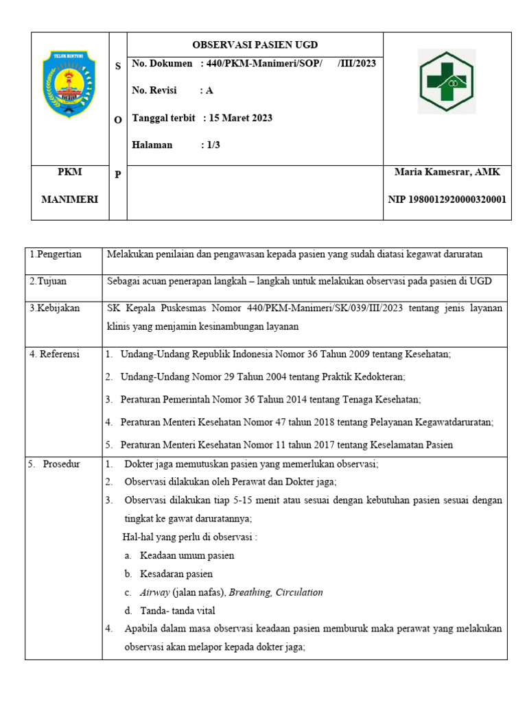 Sop Observasi Pasien Igd | PDF