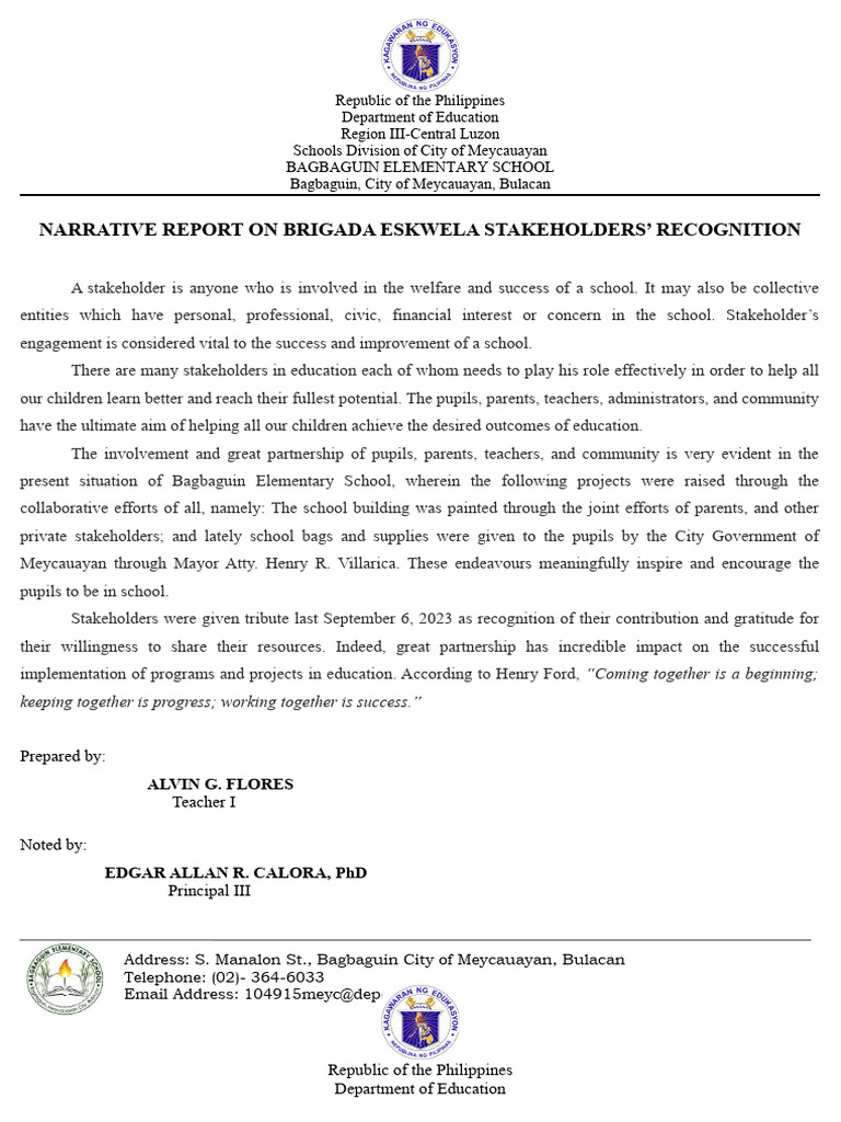 Narrative Report Brigada Eskwela Stakeholders Recognition September 6 2023 | PDF