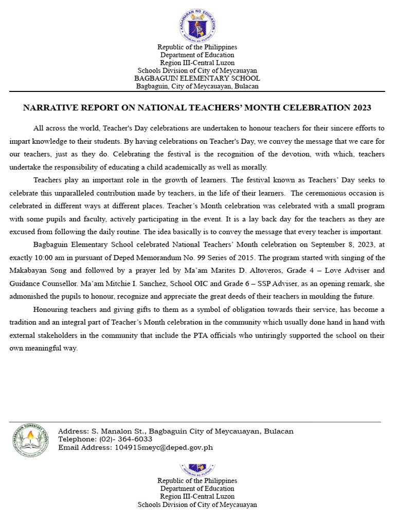 Narrative-Report-National-Teachers-Month-Celebration-September-8-2023 | PDF