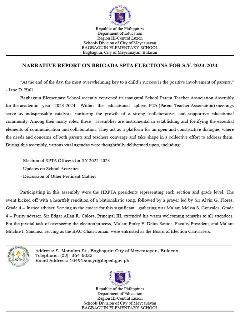 Narrative Report SPTA Elections SY 2023 2024 September 21 2023 | PDF