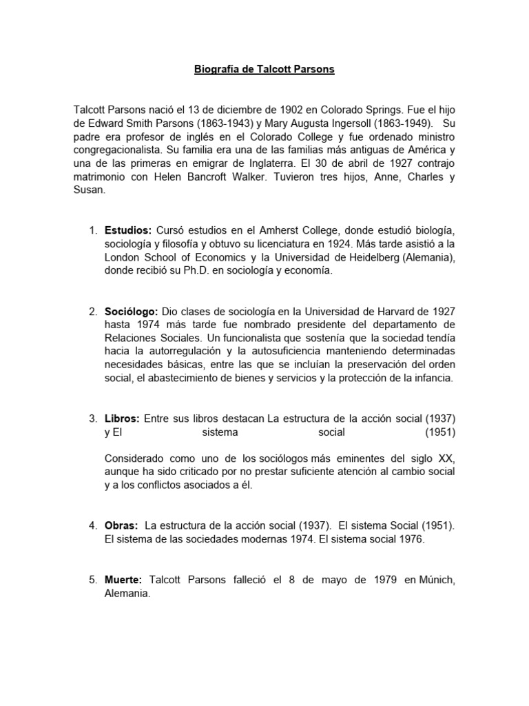 Biografía y Teoría de Talcott Parsons | PDF