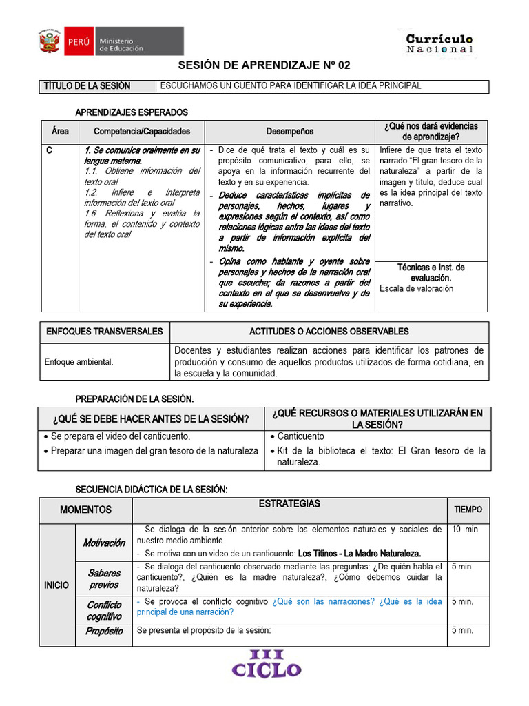 Sesion de Aprendizaje N°02 - C | Descargar gratis PDF | Narración | Aprendizaje