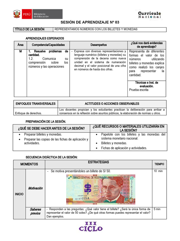 Sesion de Aprendizaje N°03 - M | Descargar gratis PDF | Dinero | Moneda