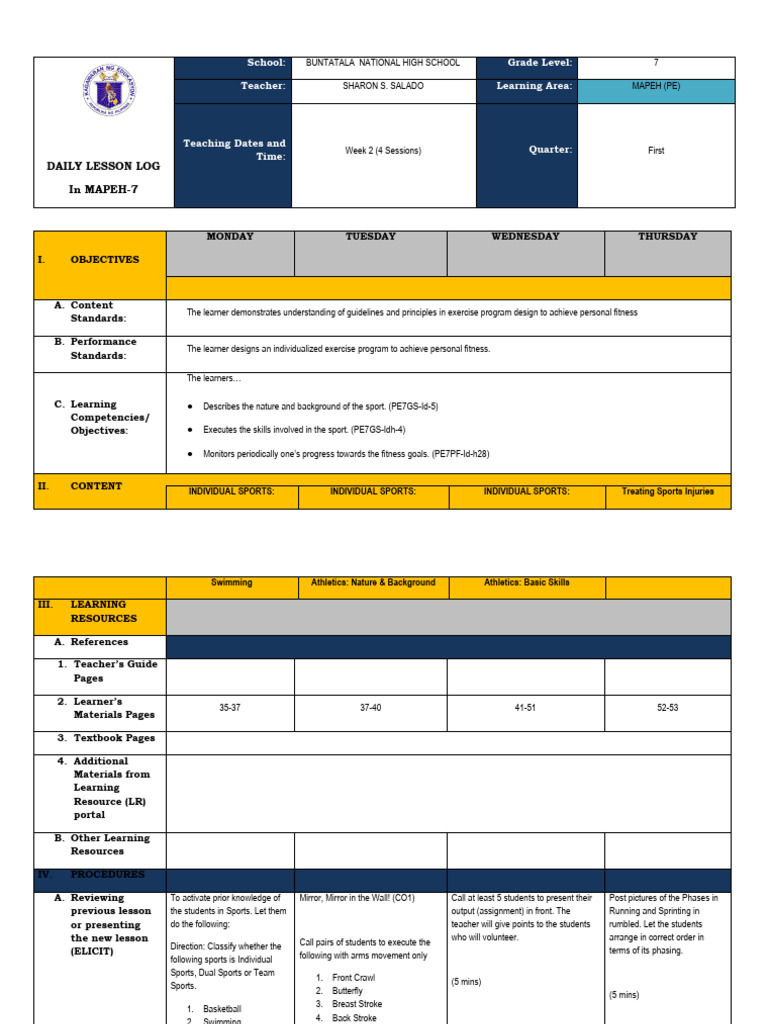 Q1 DLL Pe7 Week2 | PDF | Swimming (Sport) | Learning