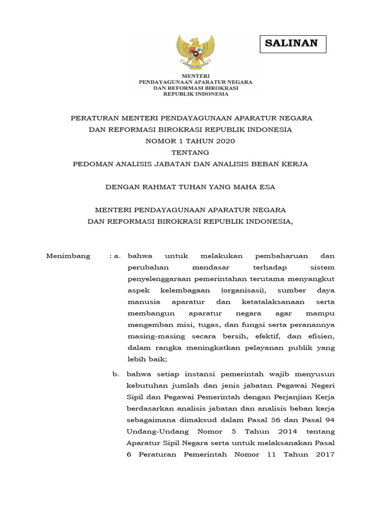 Permenpan RB Nomor 1 Tahun 2020 (DASAR PEMBUATAN ANJAB) | PDF