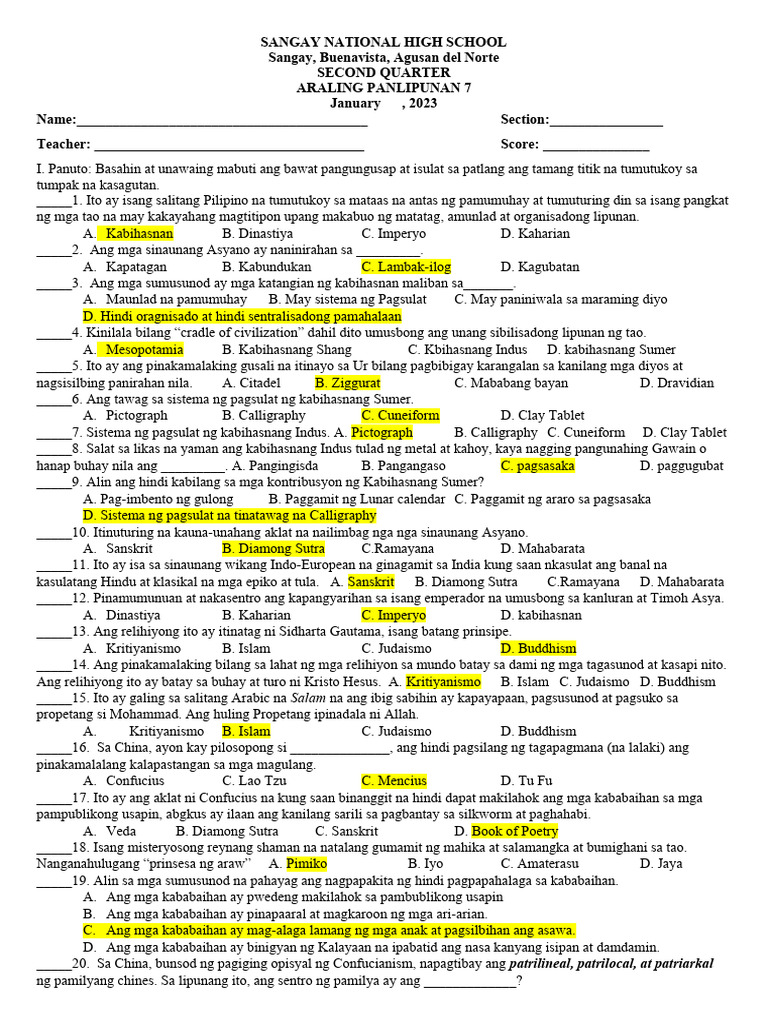 2nd Quarter Exam in AP 7 With Answer | PDF