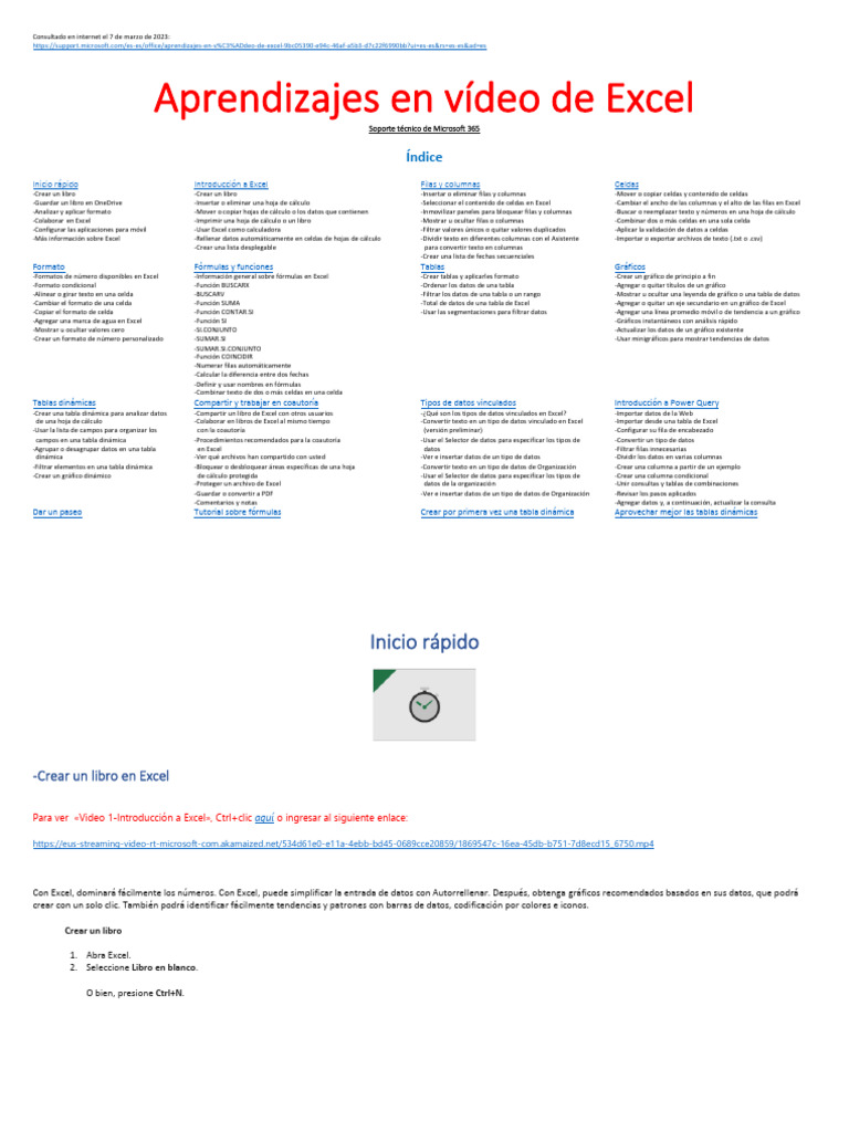 Aprendizajes en Video de Excel Por Microsoft | PDF