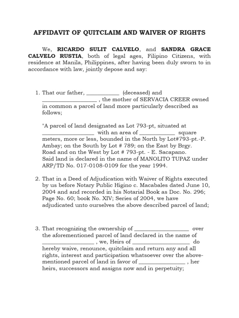 Affidavit of Quitclaim and Waiver of Rights | PDF Affidavit of Quitclaim and Waiver of Rights | PDF