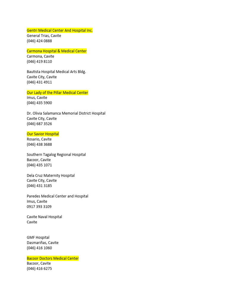 List of Hospitals in Cavite | PDF | Philippines | Health Care