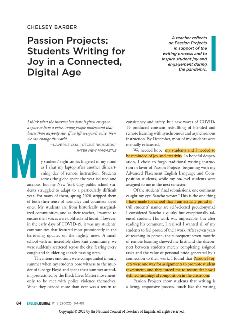 Passion Project - Student Writung For Joy in A Connected, Digital Age | PDF