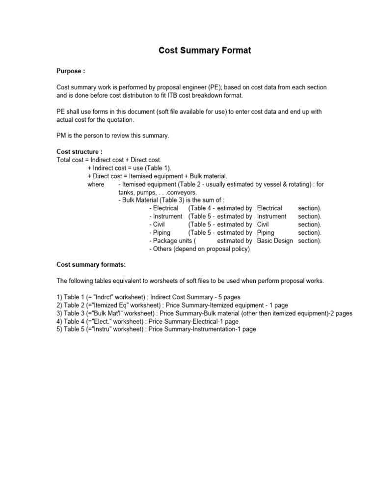 Cost Summary Format | PDF