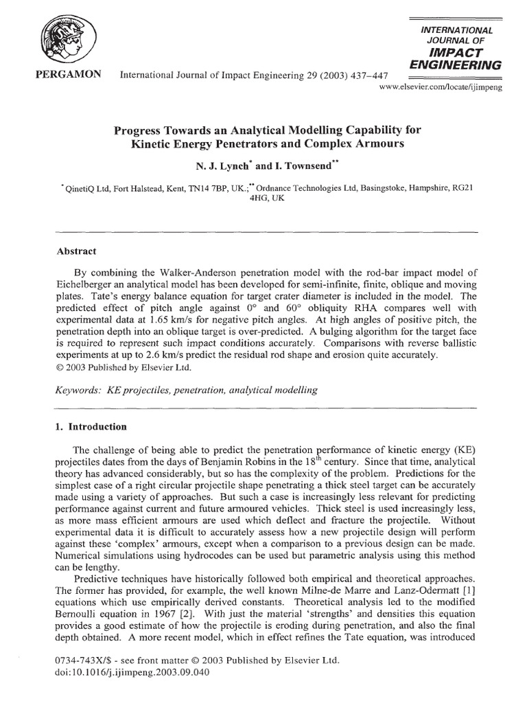 Progress Towards An Analytical Modelling Capability For Kinetic Energy Penetrators and Complex ...