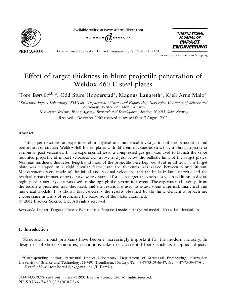Effect of Target Thickness in Blunt Projectile Penetration of Weldox ...