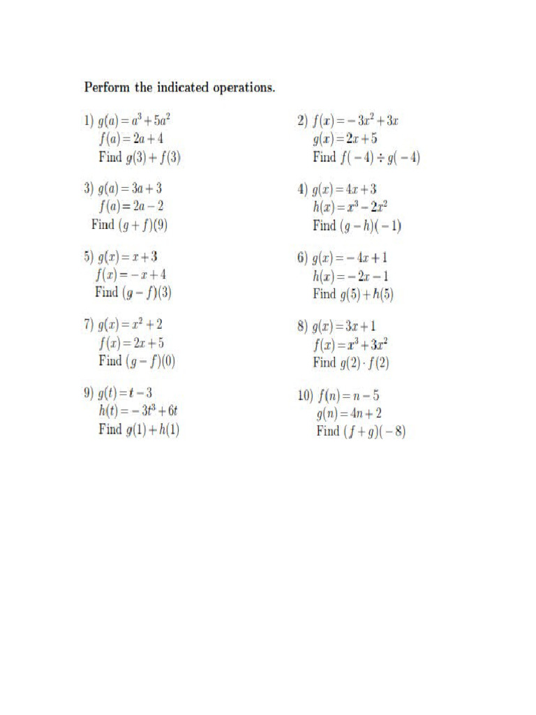 Operations On Function Worksheet Pdf