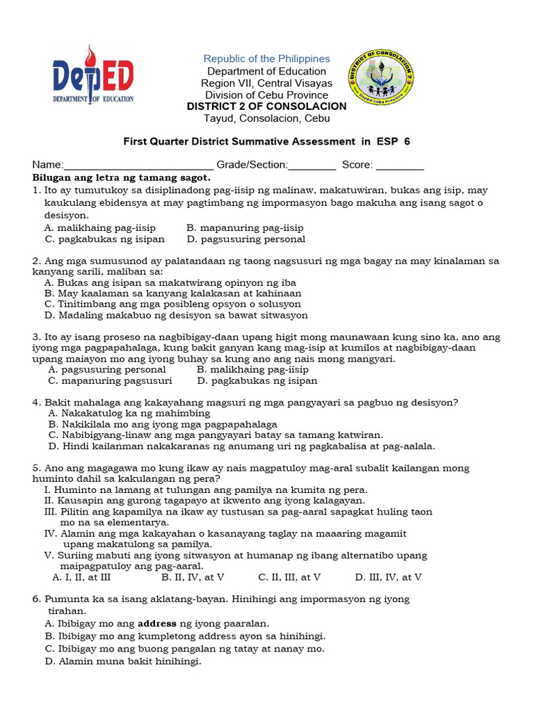 Q-1_ESP-6-Summative-Assessment | PDF