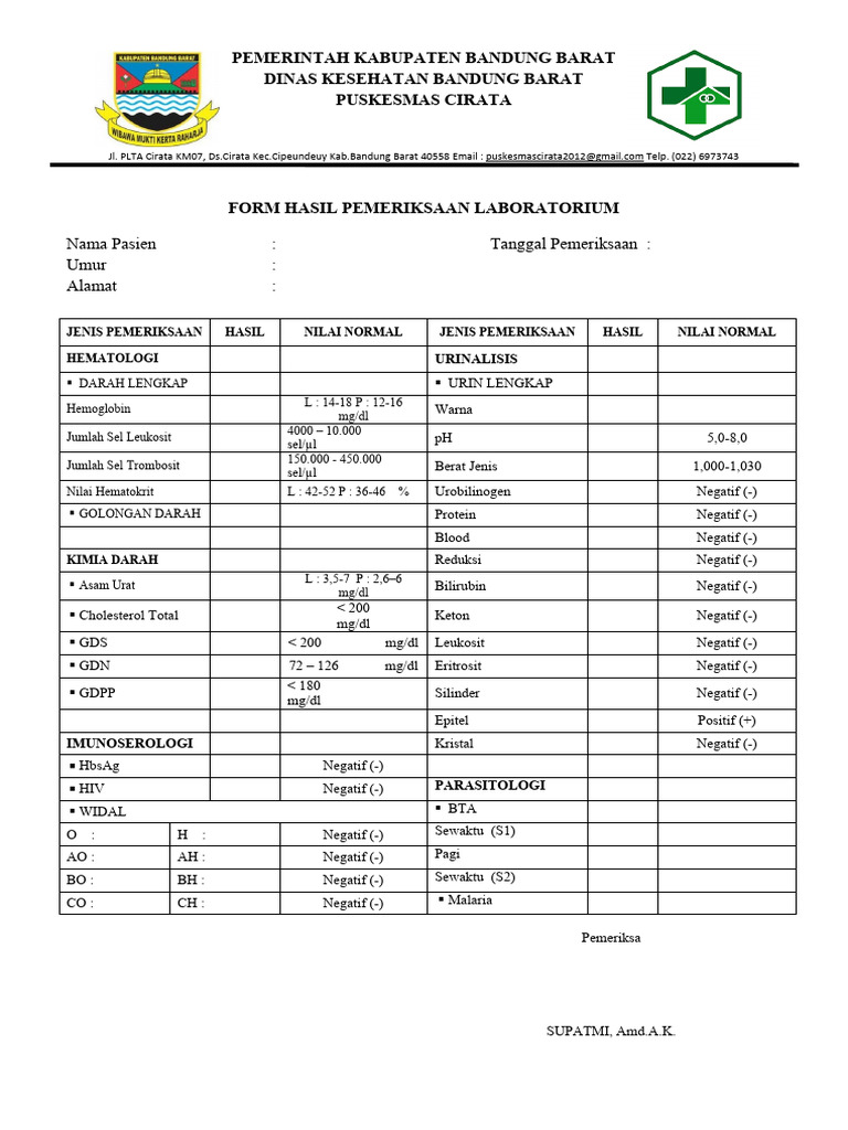 Form Hasil Pemeriksaan Laboratorium PUSKESMAS CIRATA CEK HB | PDF