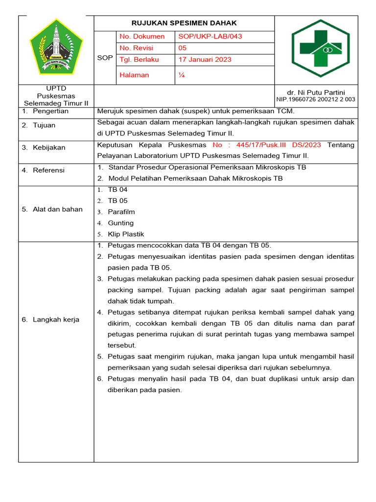 Sop Rujukan Spesimen Dahak | PDF