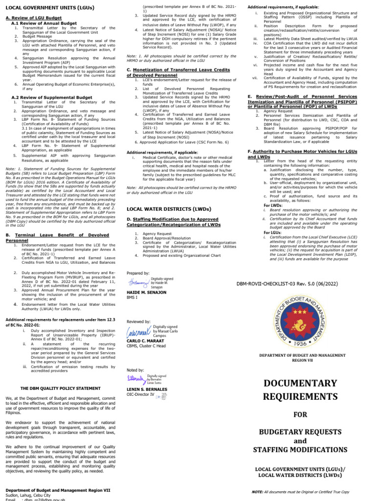 Checklist 3-Documentary Requirements For Budgetary Requests-Lgu, Lwds ...