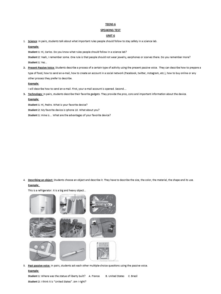 Teens 6-Speaking Test-Unit 6 | PDF