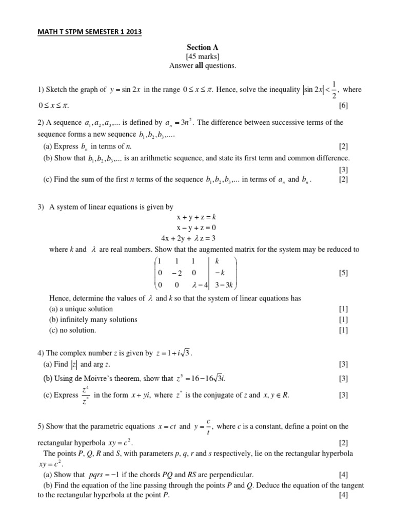 Math T STPM Semester 1 2013 | PDF | Equations | System Of Linear Equations