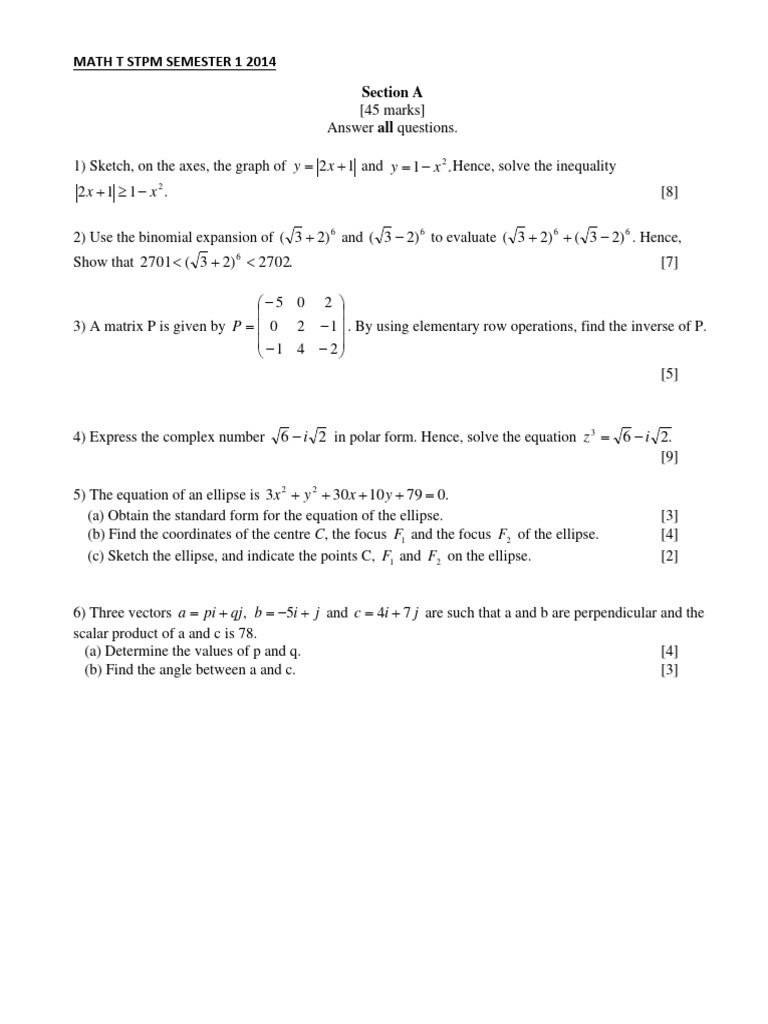 Math T STPM Semester 1 2014 | Download Free PDF | Ellipse | Complex Number