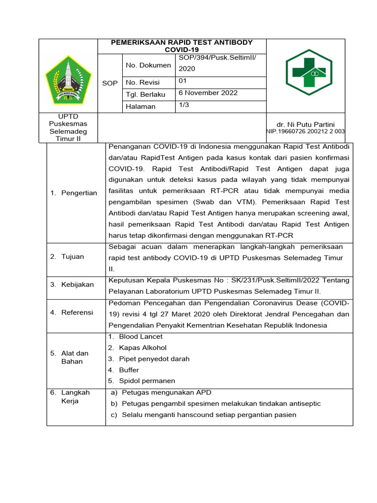 SOP Pemeriksaan Rapid test Antibody Covid 19 | PDF
