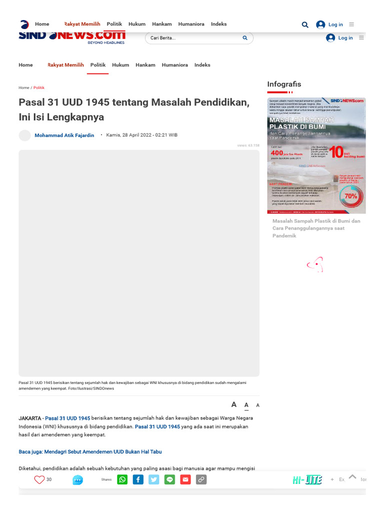 Pasal 31 Uud 1945 Tentang Masalah Pendidikan Ini Isi Lengkapnya Pdf