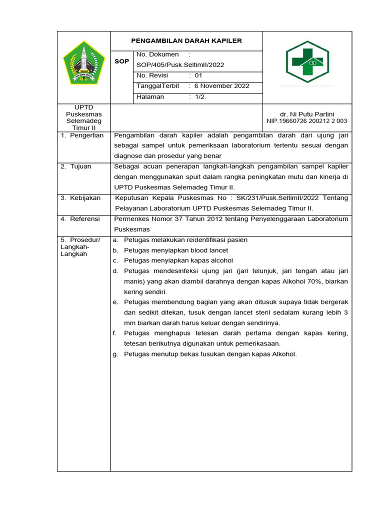Sop Pengambilan Darah Kapiler | PDF | Pengembangan Diri | Sains & Matematika
