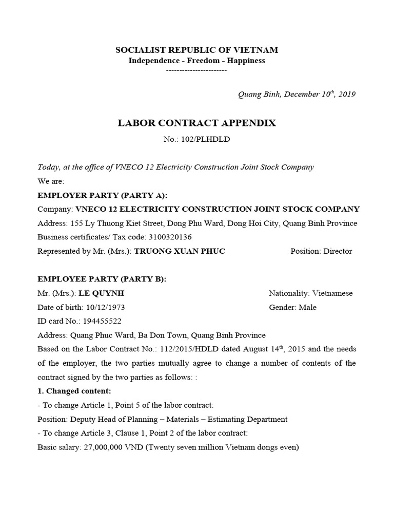 Labor Contract Appendix No. 102/PLHDLD | PDF