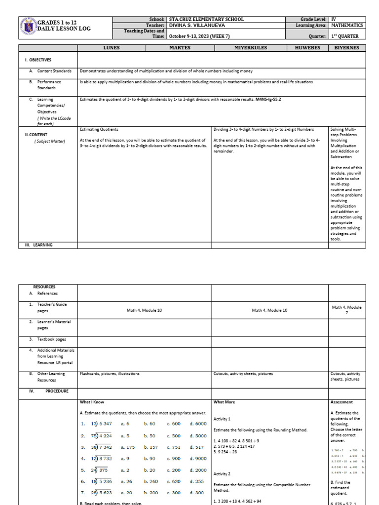 DLL Mathematics-4 Q1 W7 | PDF