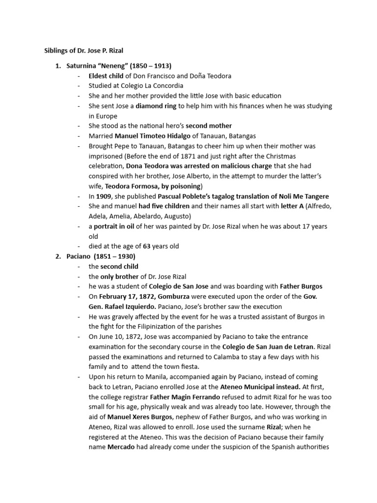 Rizal's Siblings: Their Lives & Legacy | PDF