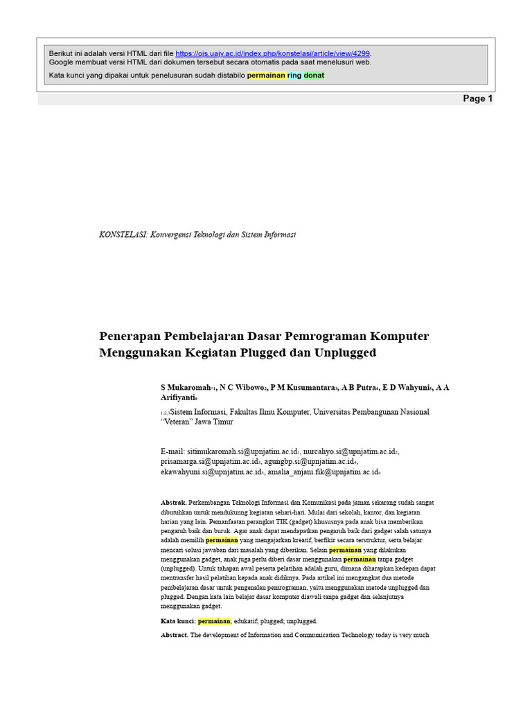 Penerapan Pembelajaran Dasar Pemrograman Komputer Menggunakan Kegiatan Plugged D | PDF