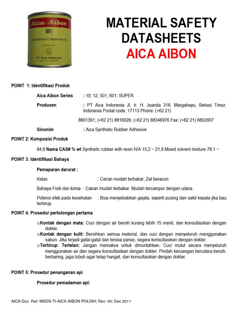 MSDS Lem Aica Aibon 601 dan Keamanannya | PDF